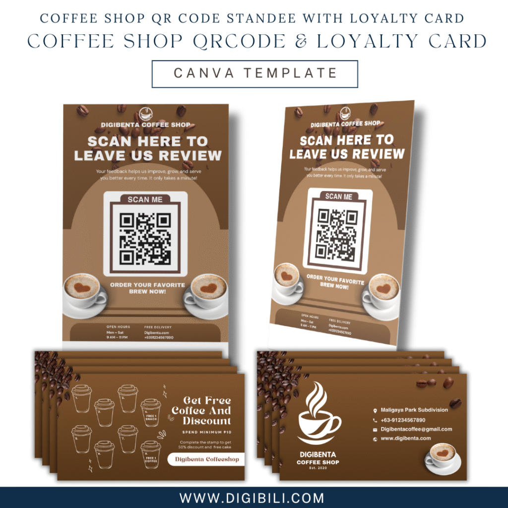 COFFEE SHOP QR CODE STANDEE WITH LOYALTY CARD 5 DESIGNS TEMPLATE - Digibili