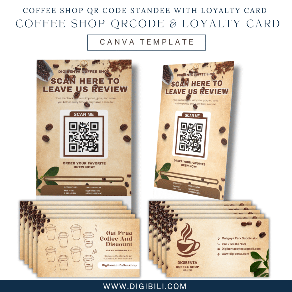 COFFEE SHOP QR CODE STANDEE WITH LOYALTY CARD 5 DESIGNS TEMPLATE - Digibili